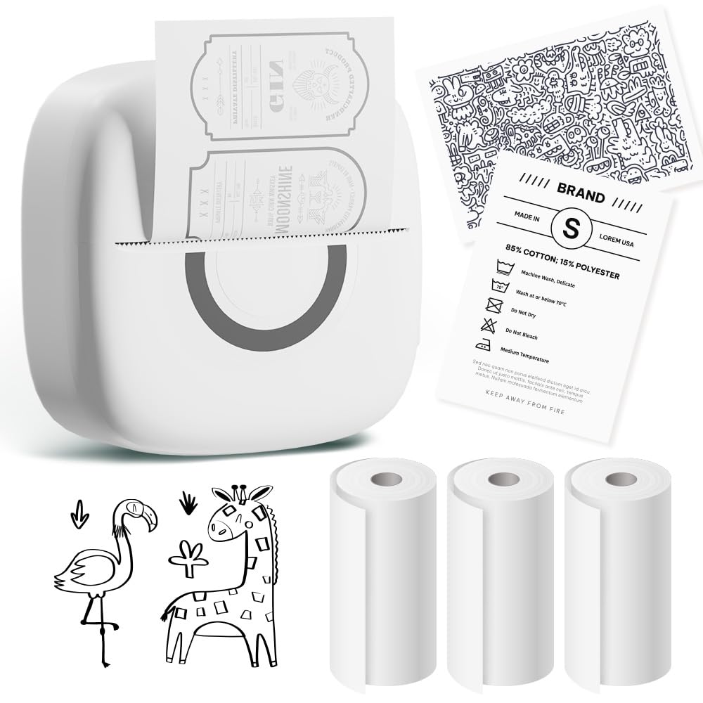 Mini Printer Sticker Thermal Printer with 3 Rolls Paper, Bluetooth ...