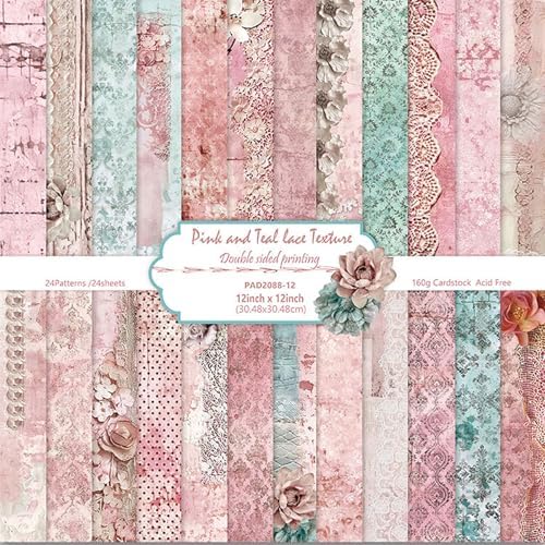 Scrapbook Paper 12" x 12", 24 Sheets/12 Designs Pink and Teal Lace ...