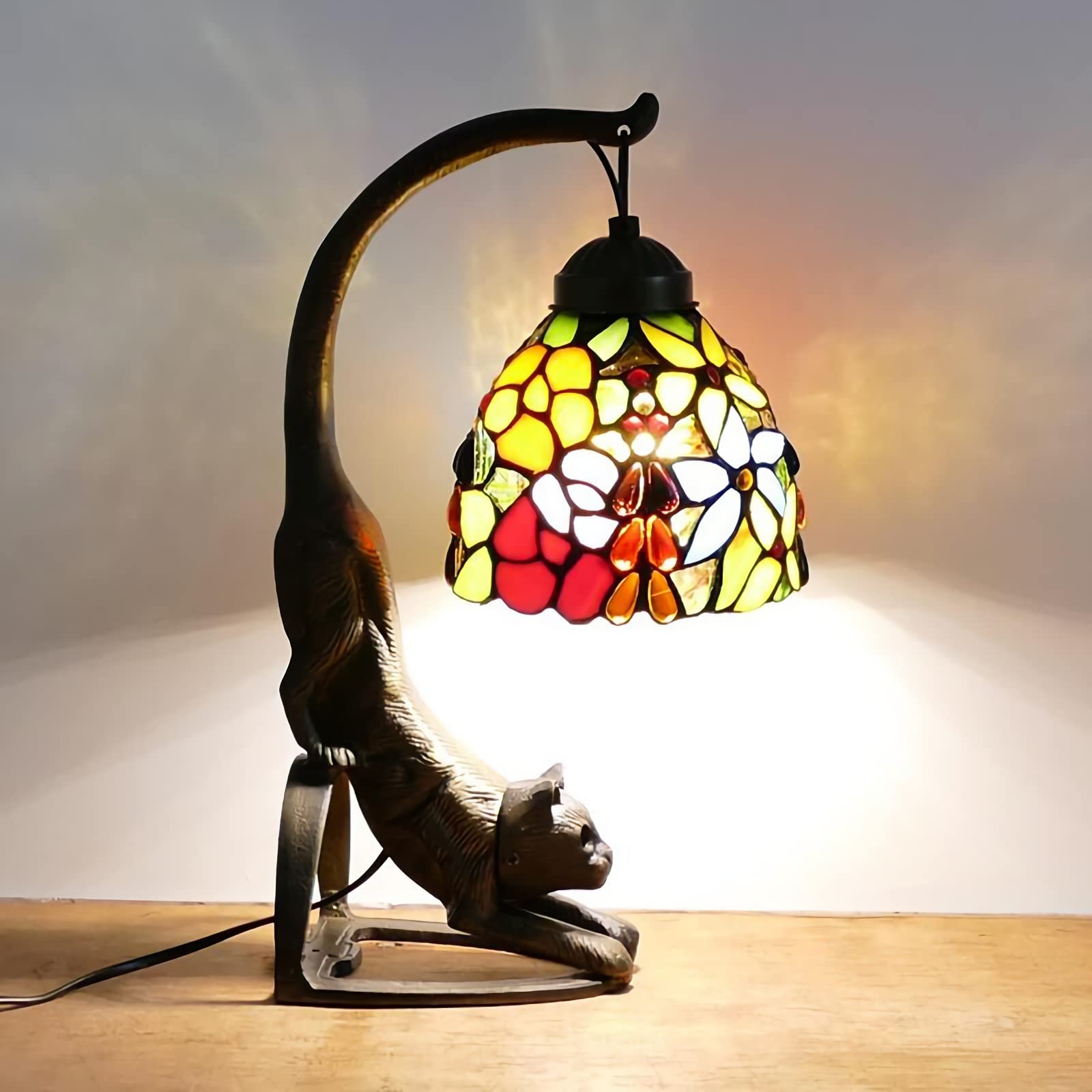Tiffany Style Table Lamp, 6 inch Stained Glass Bedside Lamp with Cat ...