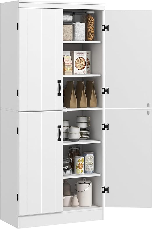 HOMCOM 4-Door Tall Kitchen Cupboard, Freestanding 6-Tier Storage ...