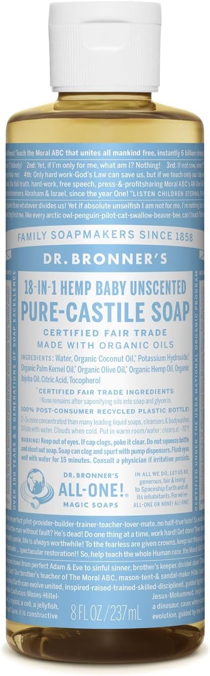 Dr. Bronners - Pure-Castile Liquid Soap (Baby Unscented, 237 mL) - Made with Organic Oils, 18-in ...