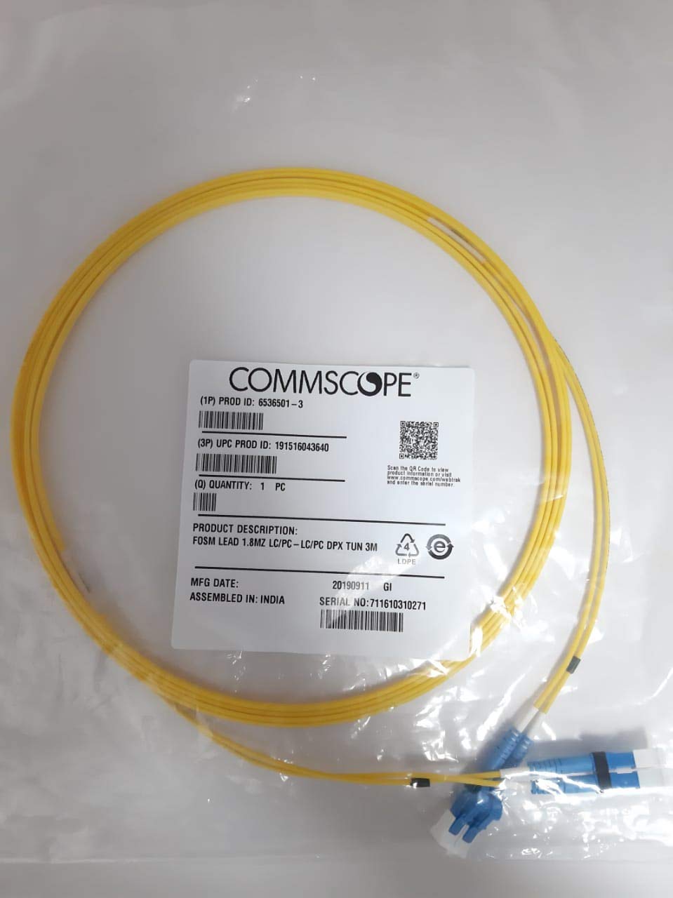 Commscope Fiber Optic Patch Cord, singlemode, 1.8 mm zipcord, LC/PC to ...
