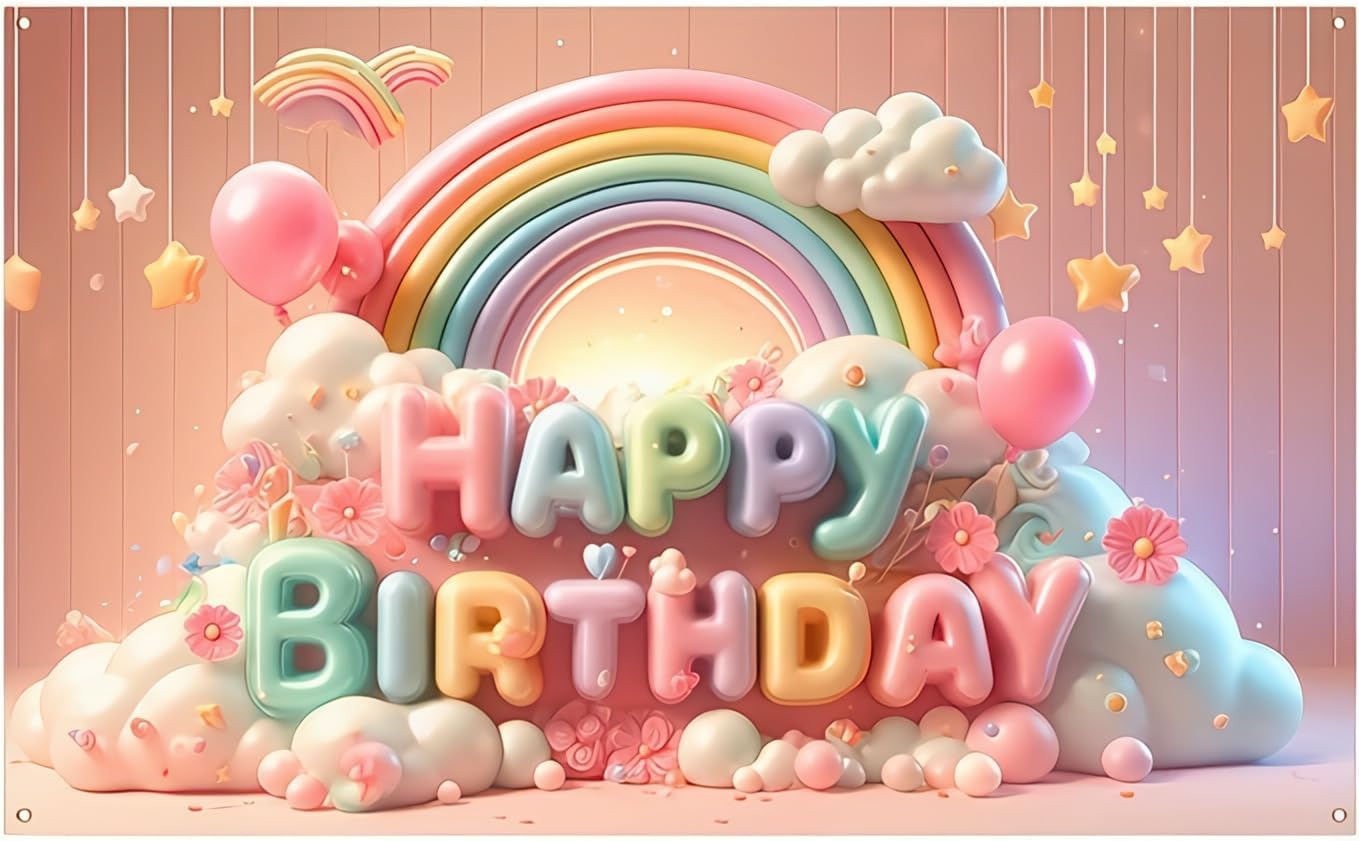 Amazon.com : Happy Birthday Backdrop Banner with 3D Rainbow and ...