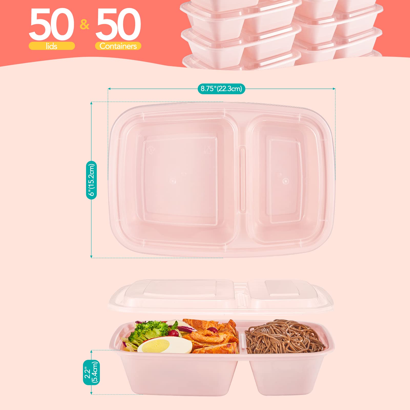 Snapklik.com : 50 Pack Pink Meal Prep Containers 2 Compartments ...