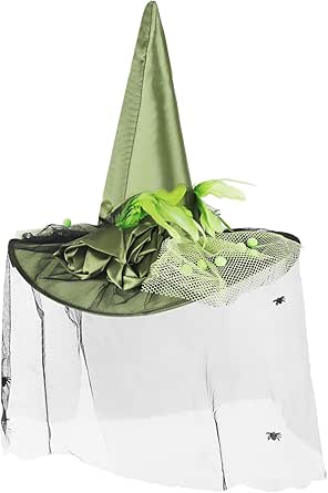 Amazon.com: Halloween Green Witch Hat with Black Veil Feathers Floral ...