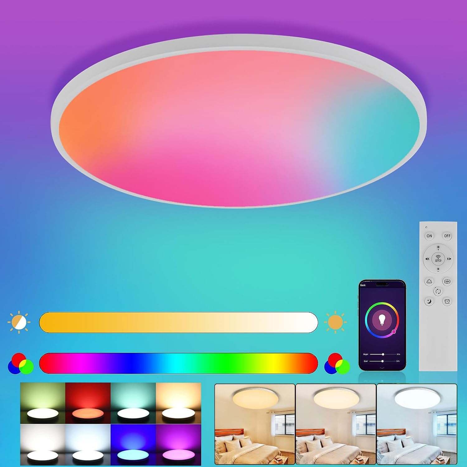 Redare Smart Ceiling Light,RGB Bluetooth Ceiling Light,30cm 24W ...