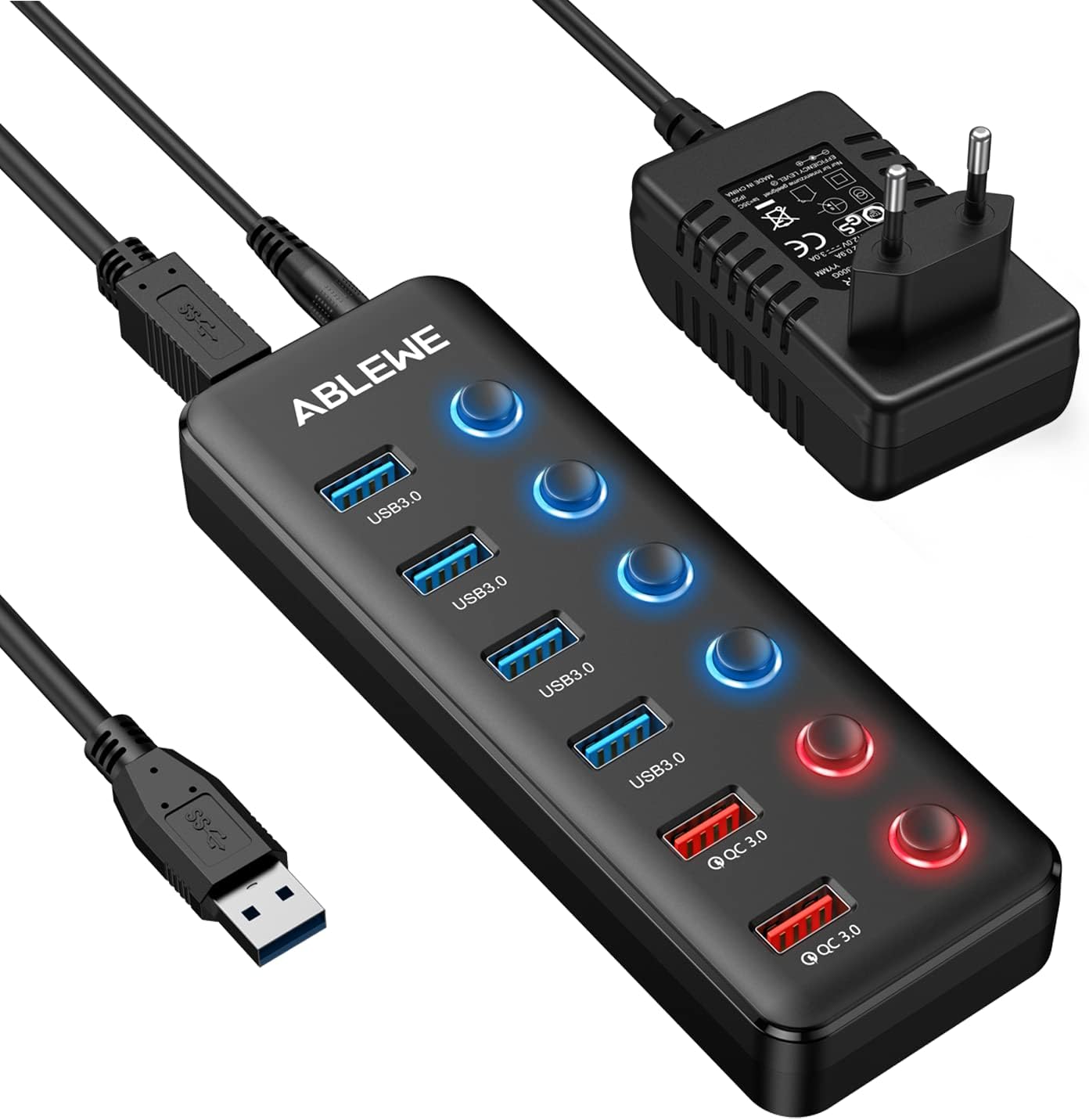 ABLEWE,Hub USB activo 3.0 con fuente de alimentación, 6 puertos USB 3.0 ...
