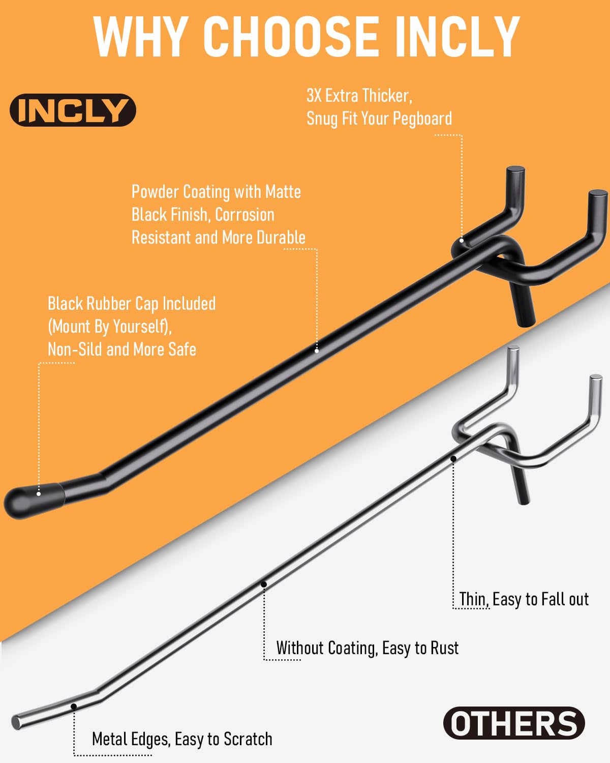 INCLY 60 Pack 6 Inch Black Pegboard Hooks, Heavy Duty Peg Board ...