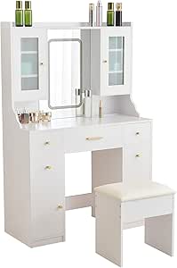 Amazon｜OSJ ドレッサー 化粧台 収納沢山 テーブル 鏡台 LEDライト付き 2つのキャビネト USBポートスツール付き 引き出し 収納 サイド収納 メイク台 大容量 姫系 可愛い ...