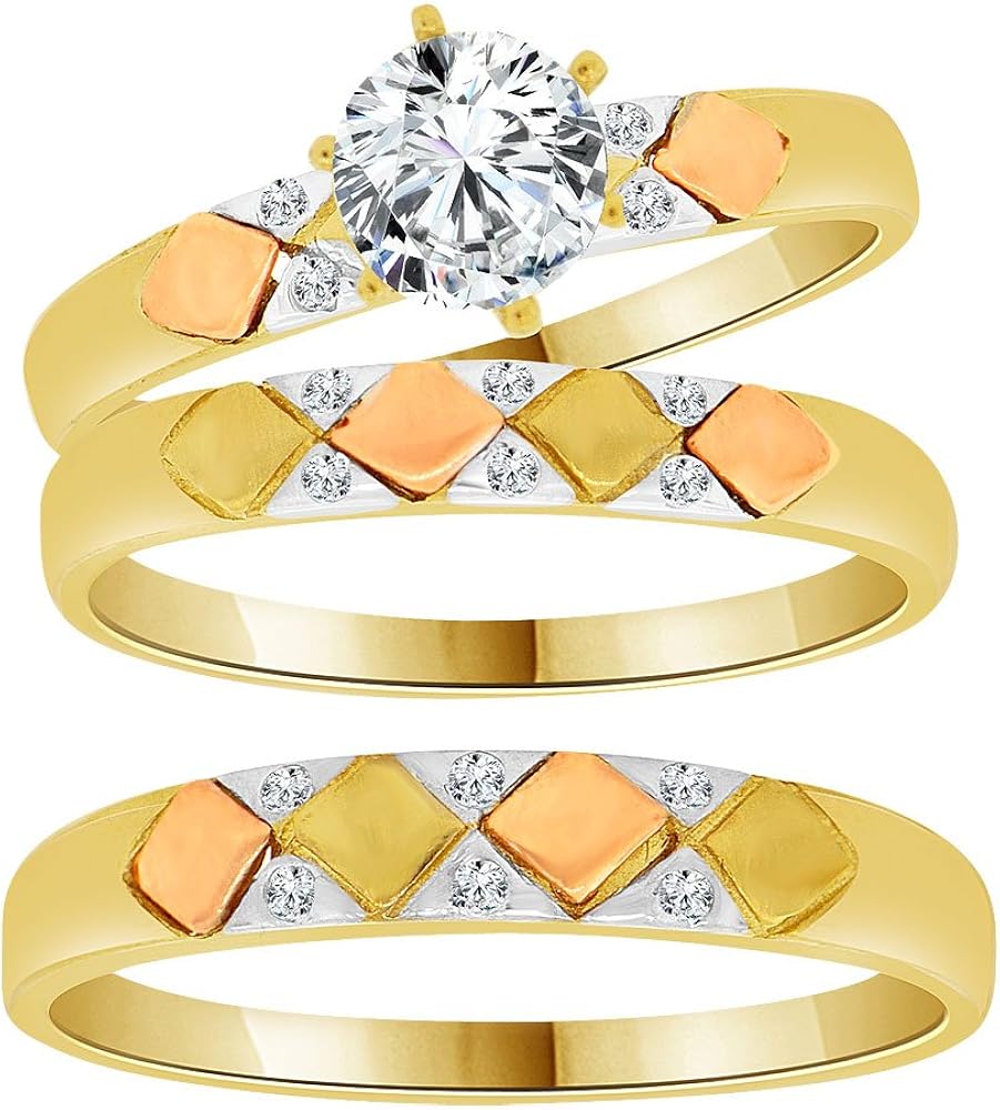 Amazon.com: 14k Tricolor Gold, Engagement Trio His & Her Matching Rings ...