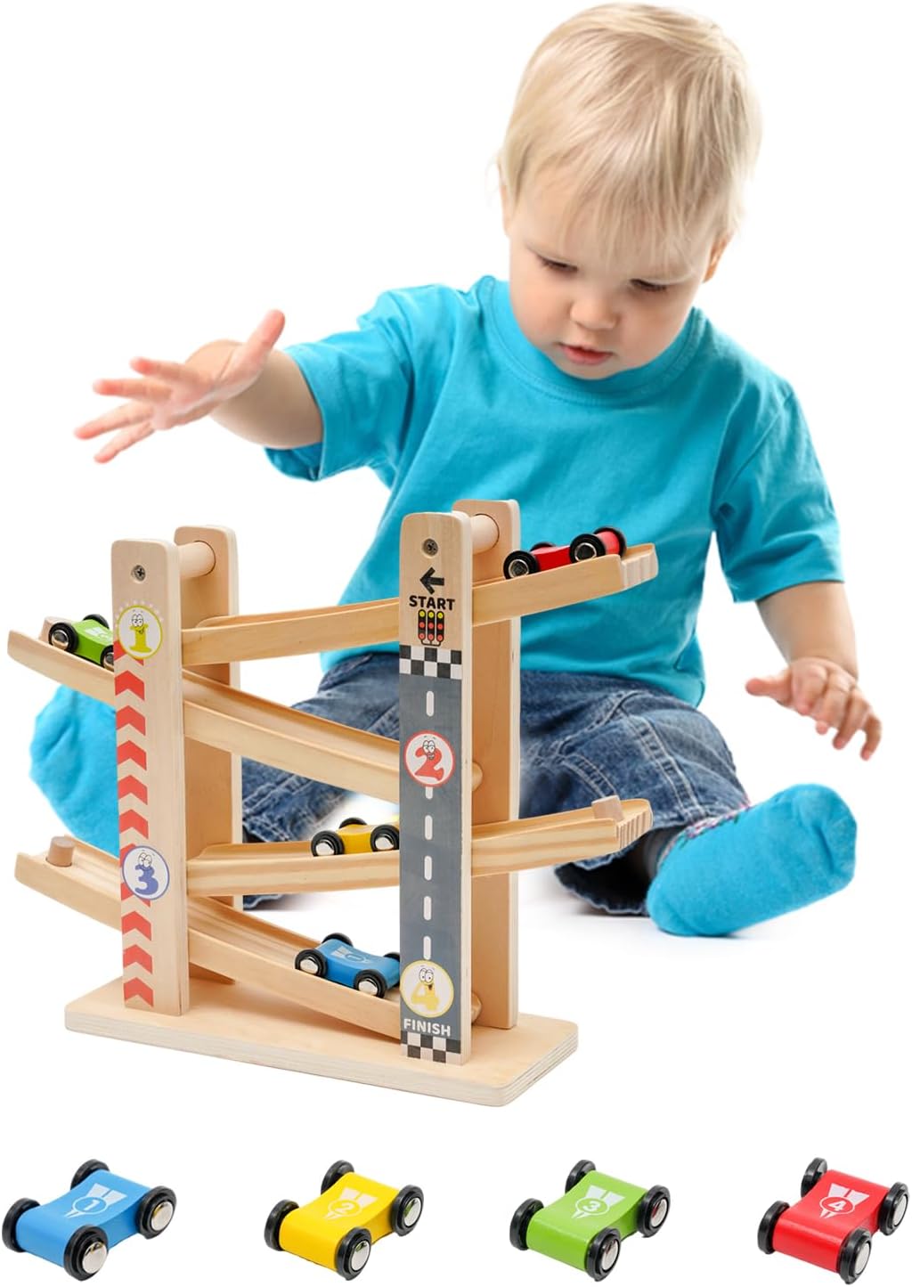 Amazon.com: Car Ramp Toy, Wooden Car Ramp Toy with 4 Mini Cars, Fine ...