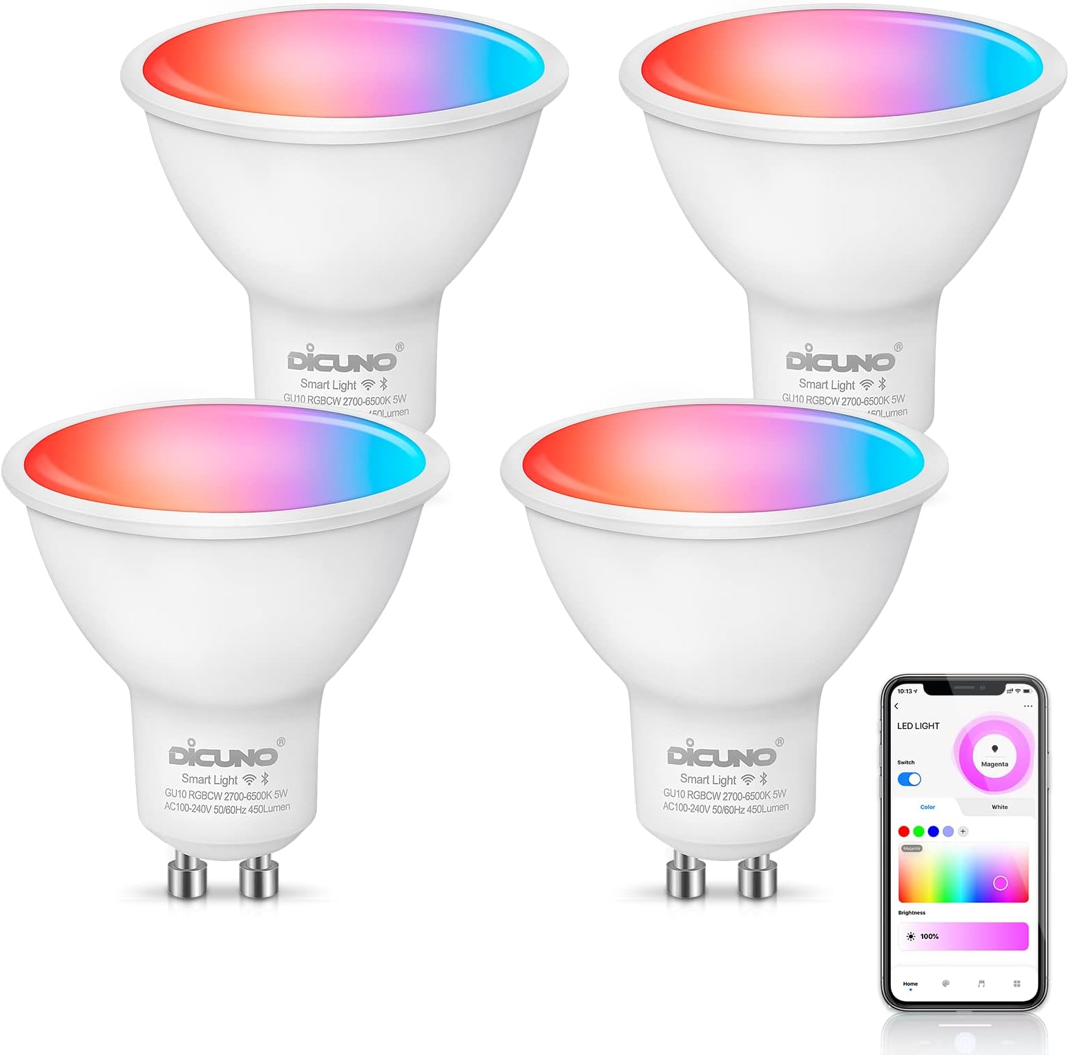 DiCUNO GU10 Smart Bulb, Color Changing LED Light Bulbs Compatible with ...