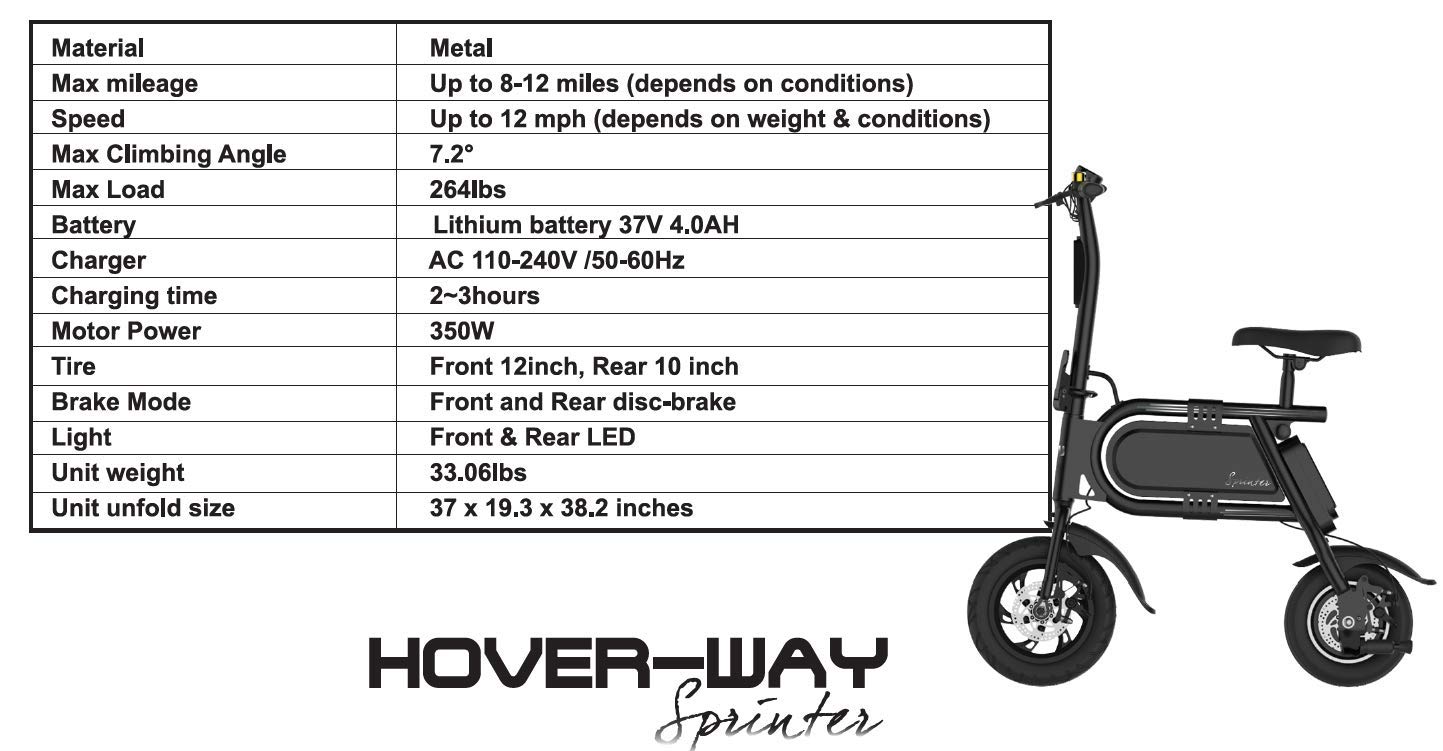 Hover-Way Model P10 Collapsible 12 MPH Electric Scooter Sprinter Bike ...