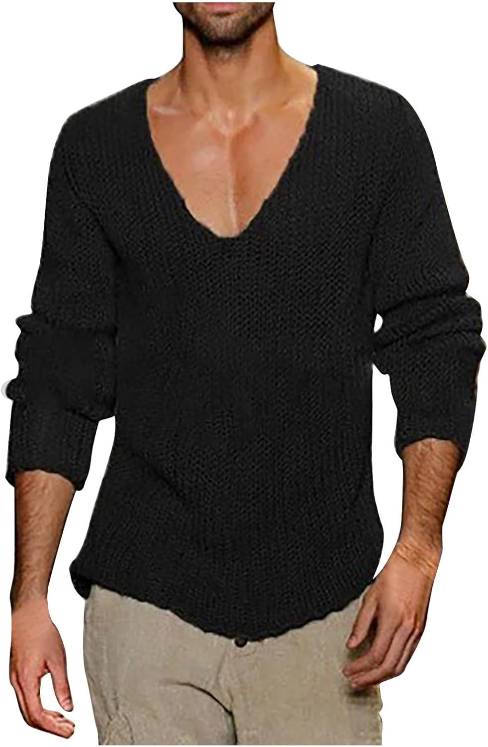 Mens Deep V Neck Sweater Slim Fit Lightweight Knitted Pullover Stylish ...