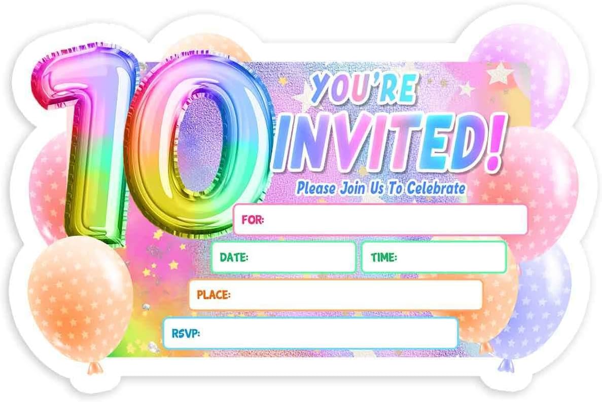 Amazon.com : Simimi Art 10th Birthday Invitation Cards with Envelopes ...