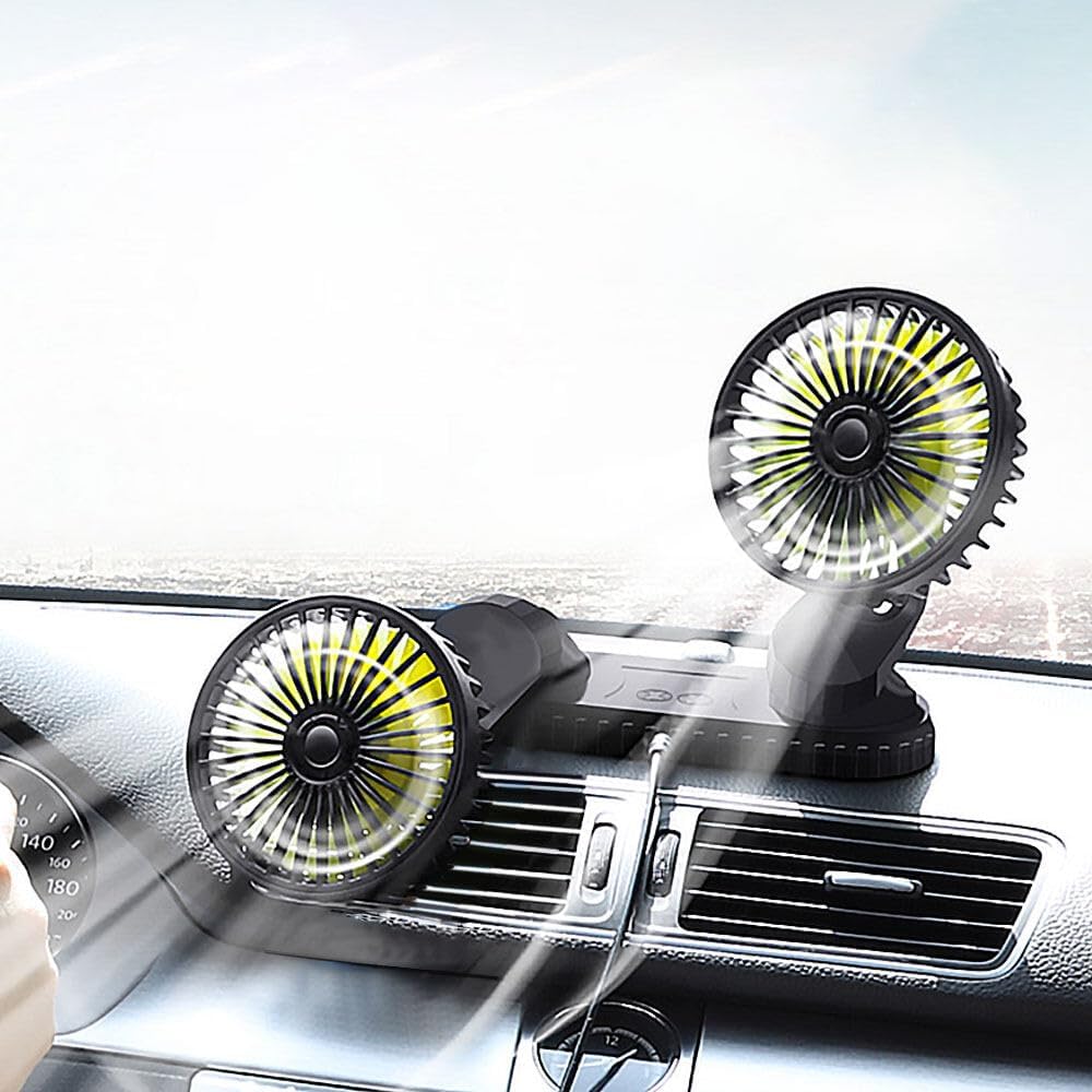 KUWUNG Dual-Head Car Fan 12V/24V, Portable USB Vehicle Mounted With 360 ...
