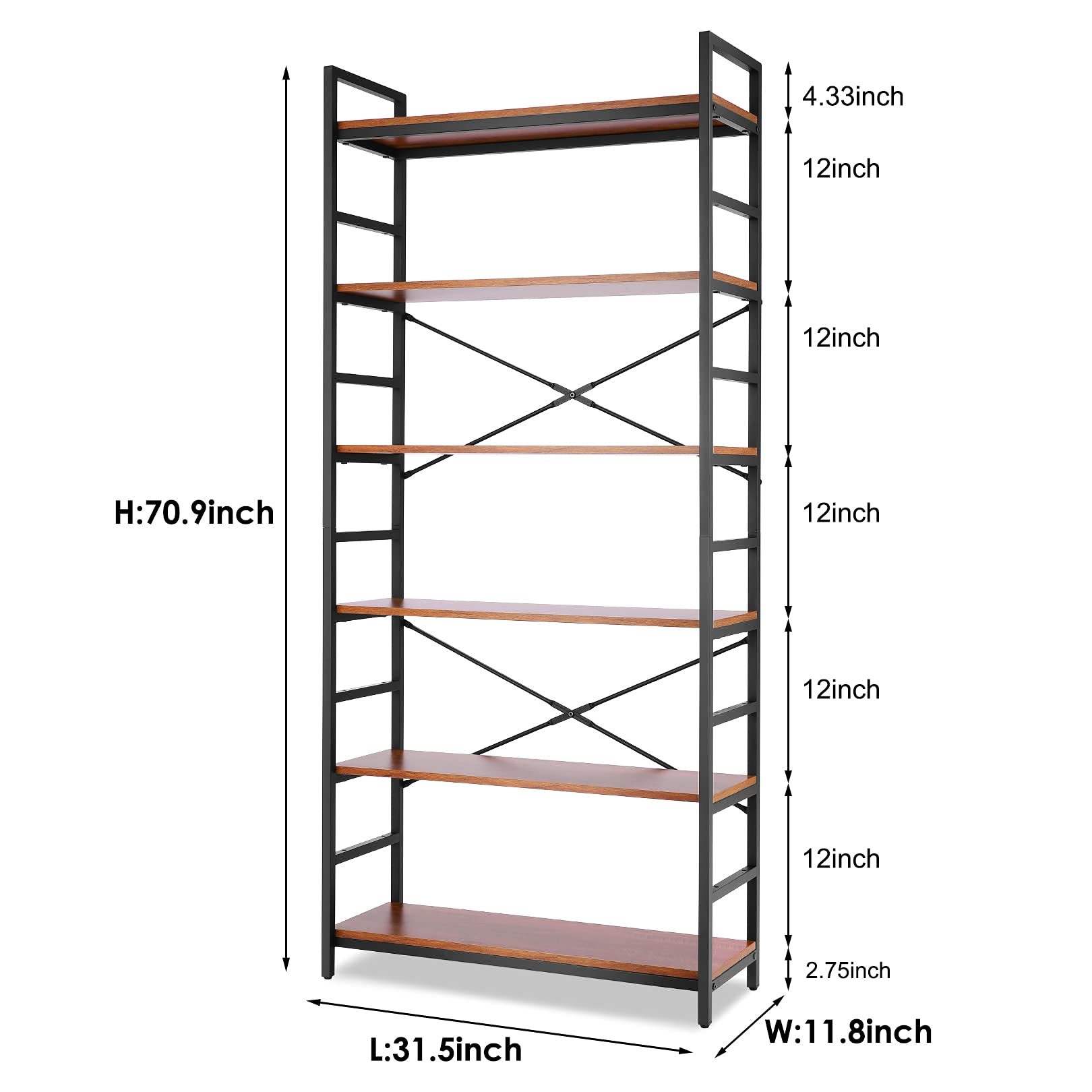 Devo 6 Tier Bookshelf Adjustable Bookcase Industrial Storage Shelves ...