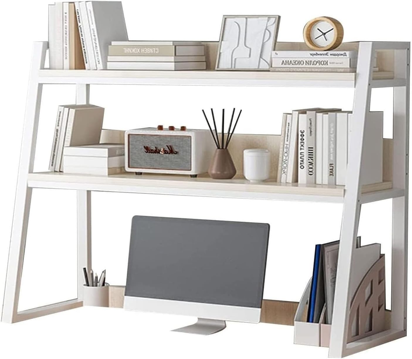 Amazon.com: 2 Tier Desktop Bookshelf / Bookcase - Office Desk Bookshelf ...
