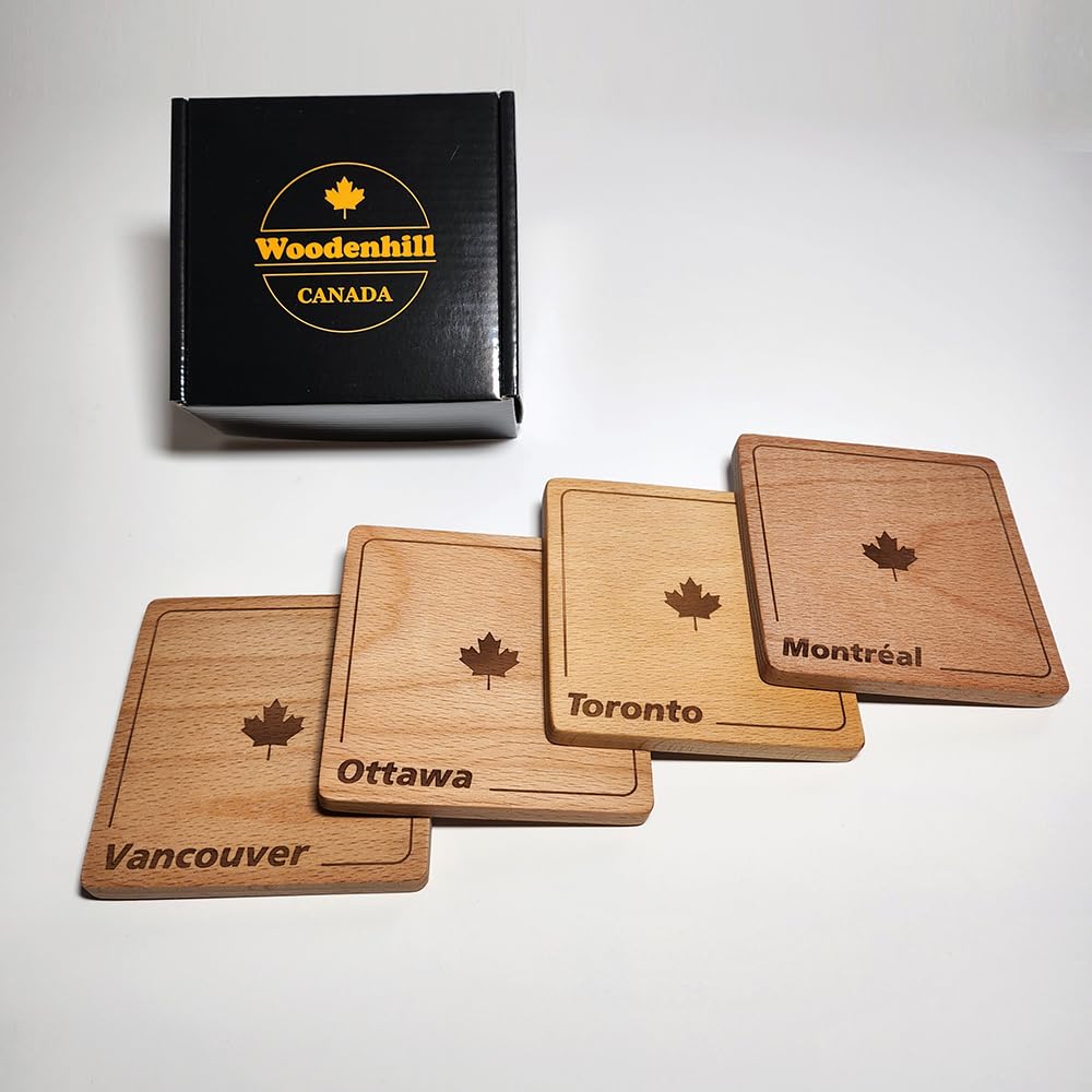 Canada Cities Coasters - Set of 4, 100% Natural Wood, Home Kitchen ...