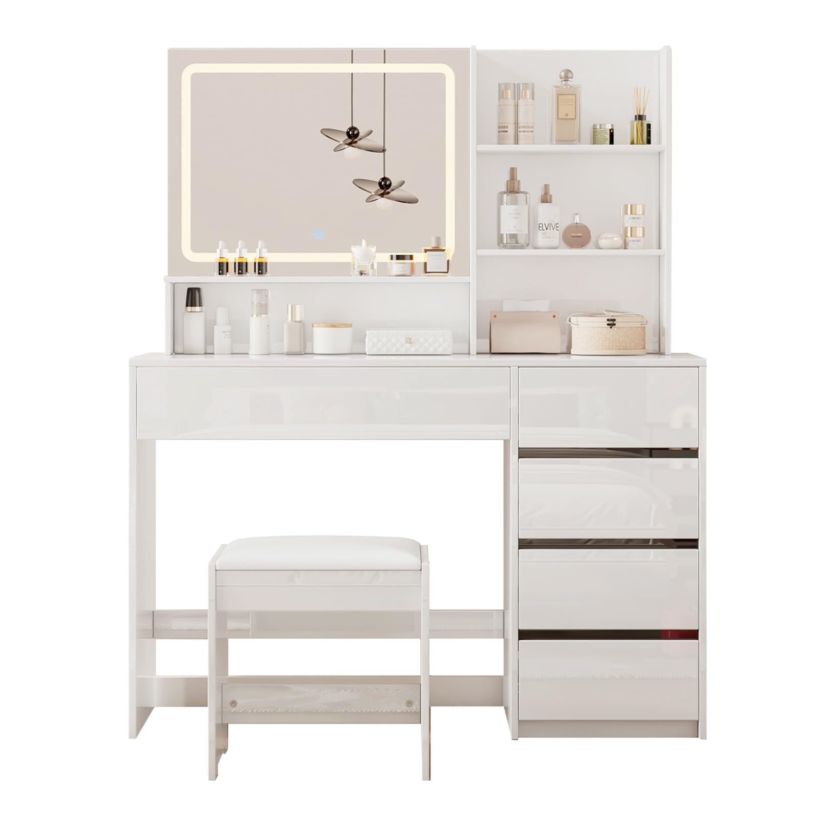 AMERLIFE 45" High Gloss Vanity Desk with Large Lighted Mirror, Makeup ...
