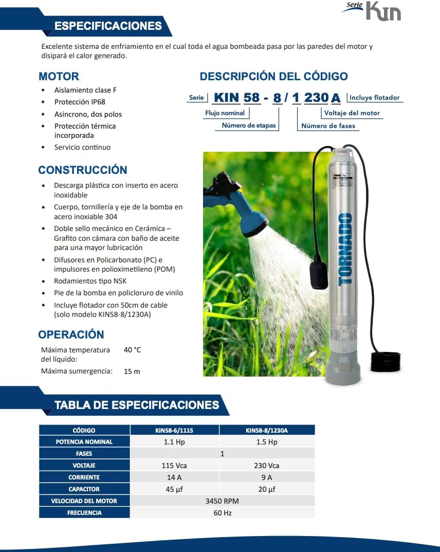 TORNADO Brand Submersible Pump with Float, KIN-Series, 1.5 HP, 230 ...