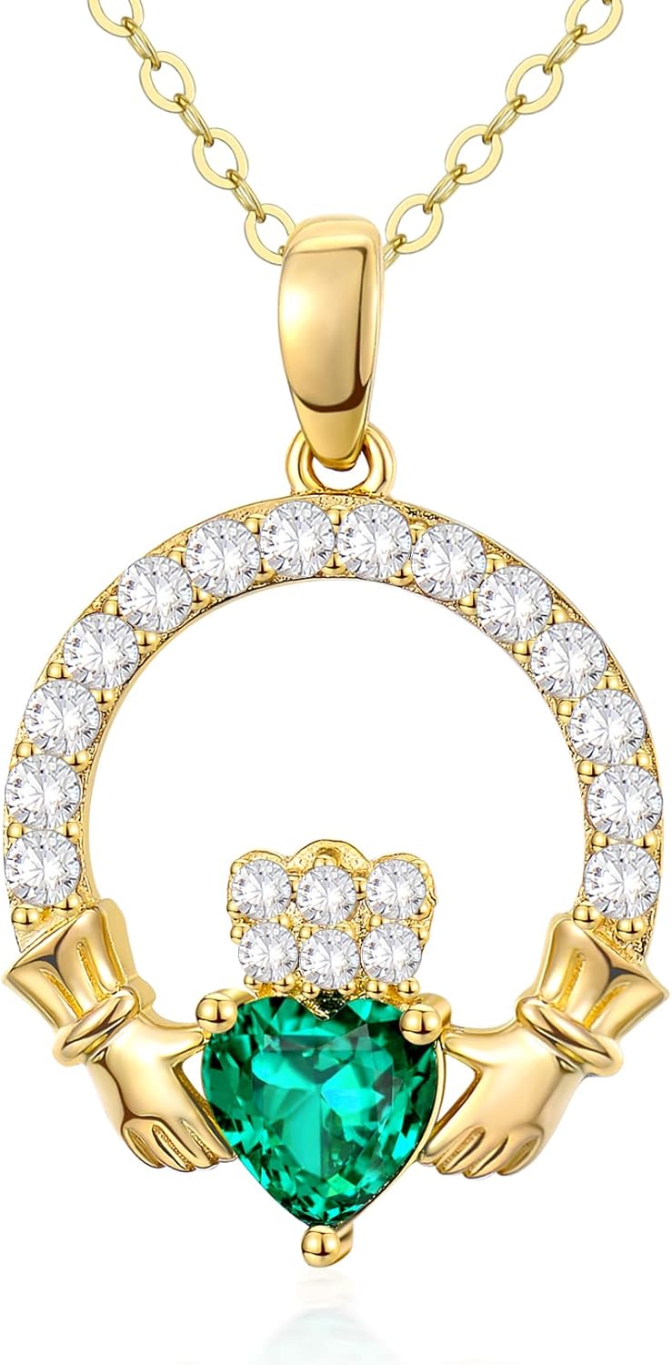 SISGEM 9 ct Gold Claddagh Necklace, Solid Yellow Gold Emerald Green ...
