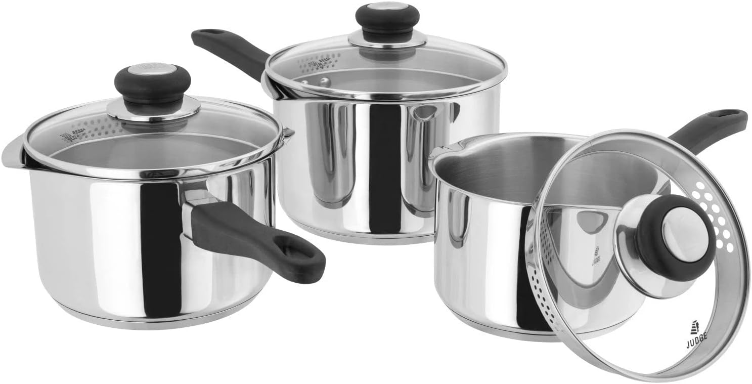 Judge Vista Draining Set of 3 Stainless Steel Pans, 16cm, 18cm & 20cm ...
