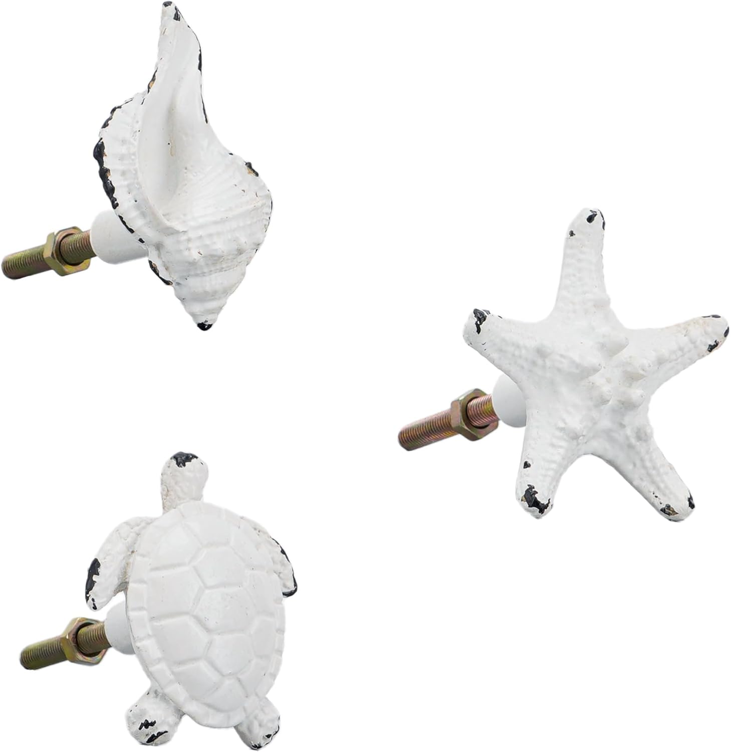 SOFFEE DESIGN Set of 3 Metal White Beach Style Cabinet Knobs, Starfish, Conch, Sea Turtle ...