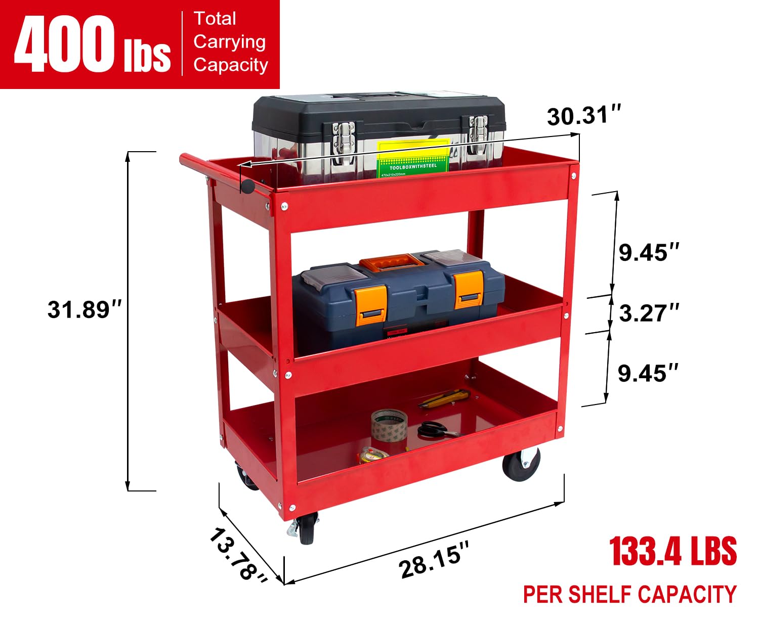 Snapklik.com : 3-Tier Service Cart 400 Lbs Capacity Metal Cart On ...