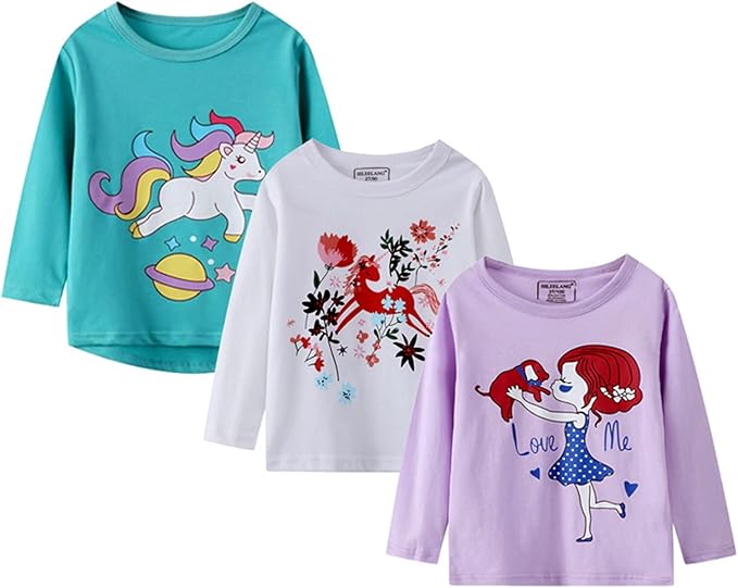 Amazon.com: Girl Long Sleeve Tees Tops Shirts Cotton Casual Crewneck ...