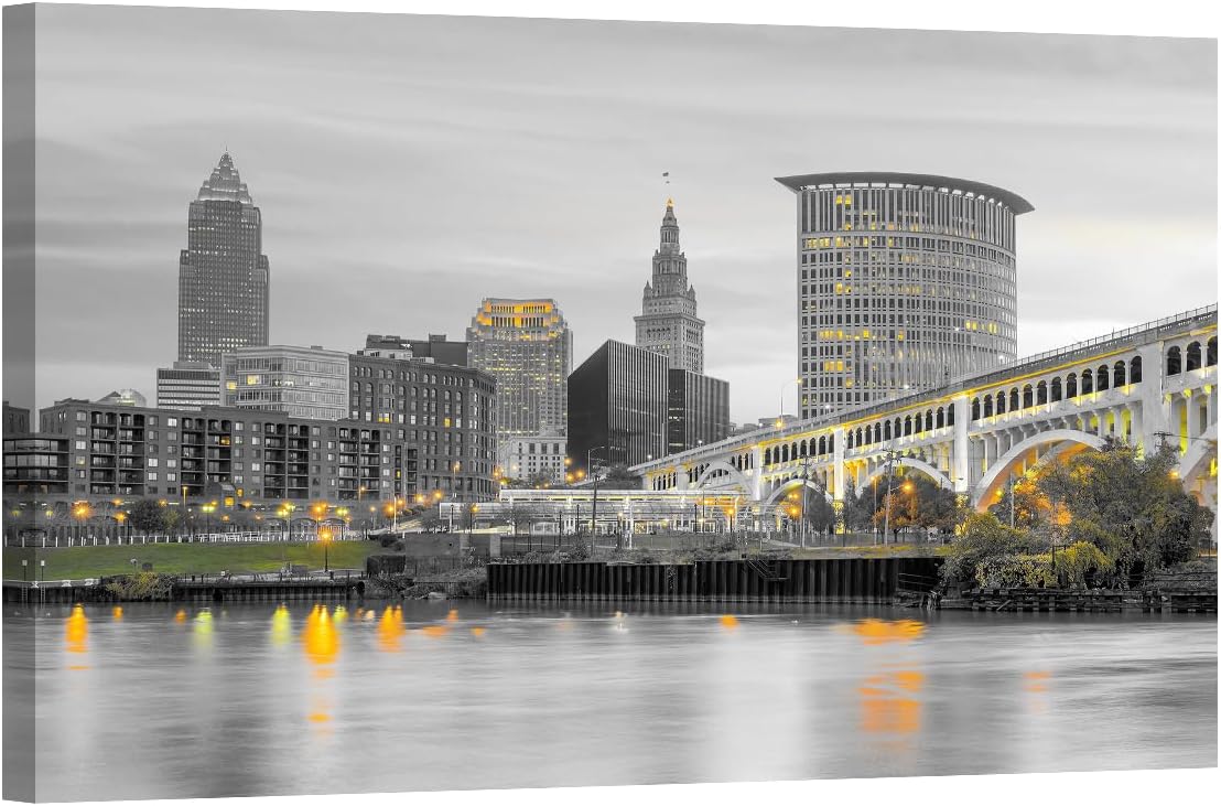 Amazon.com: Cleveland Skyline Canvas Night Cityscape Panoramic Building ...