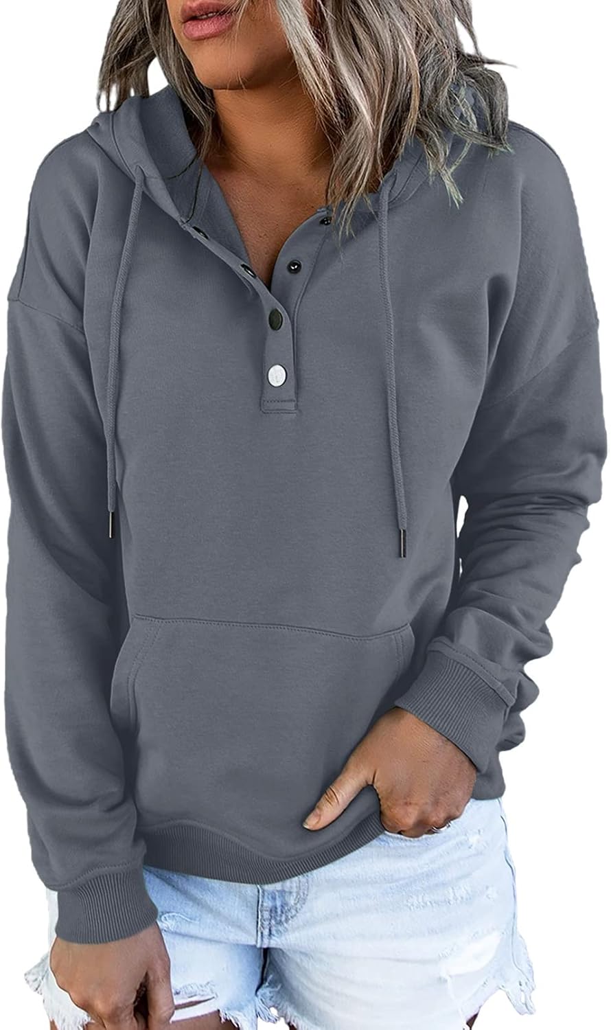 Dokotoo Kapuzenpullover Damen Knopfleiste Hoodie Pullover Langarm ...
