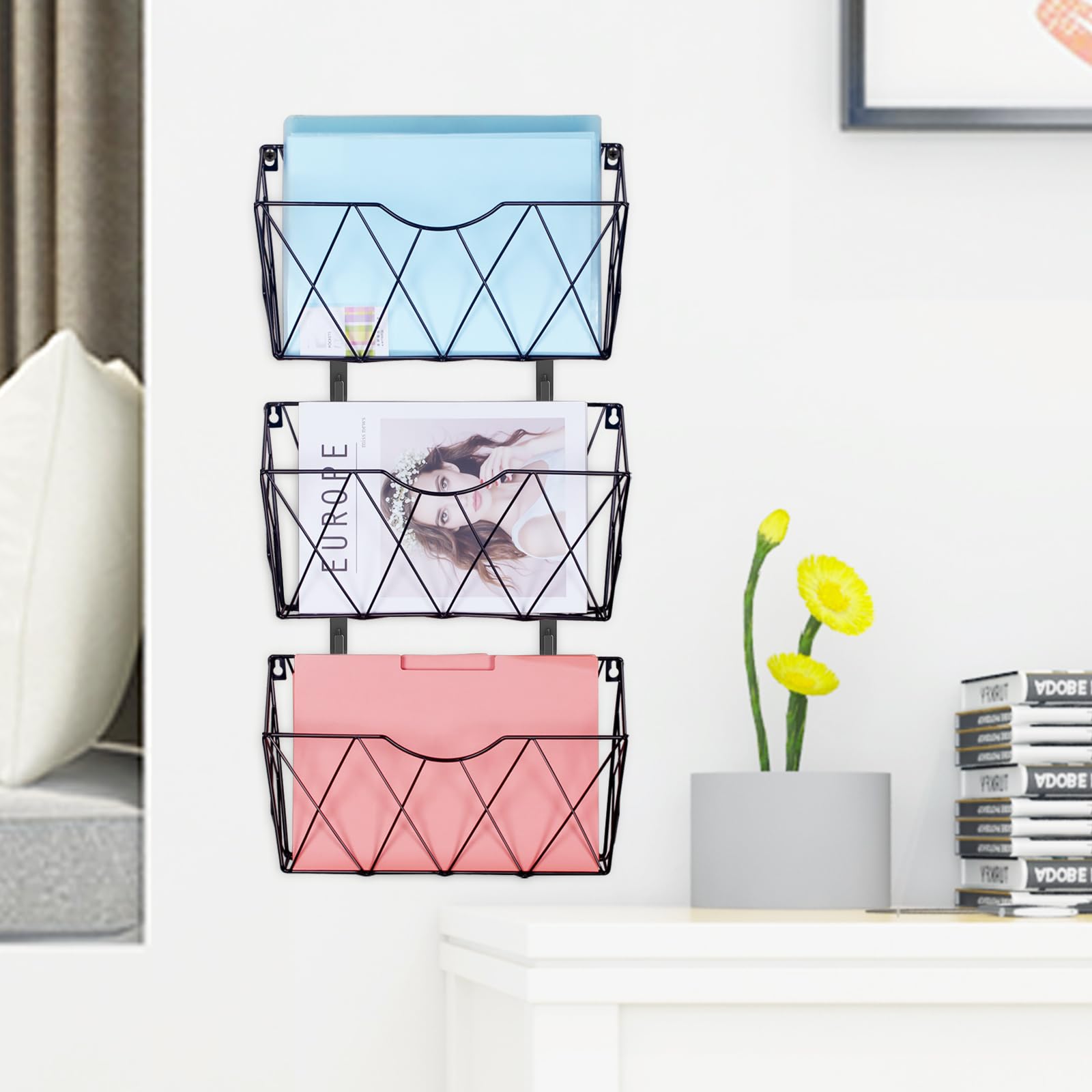 KEEGH Hanging Wall File Organizer Wall Mount File Folder 3 Pockets Wall ...