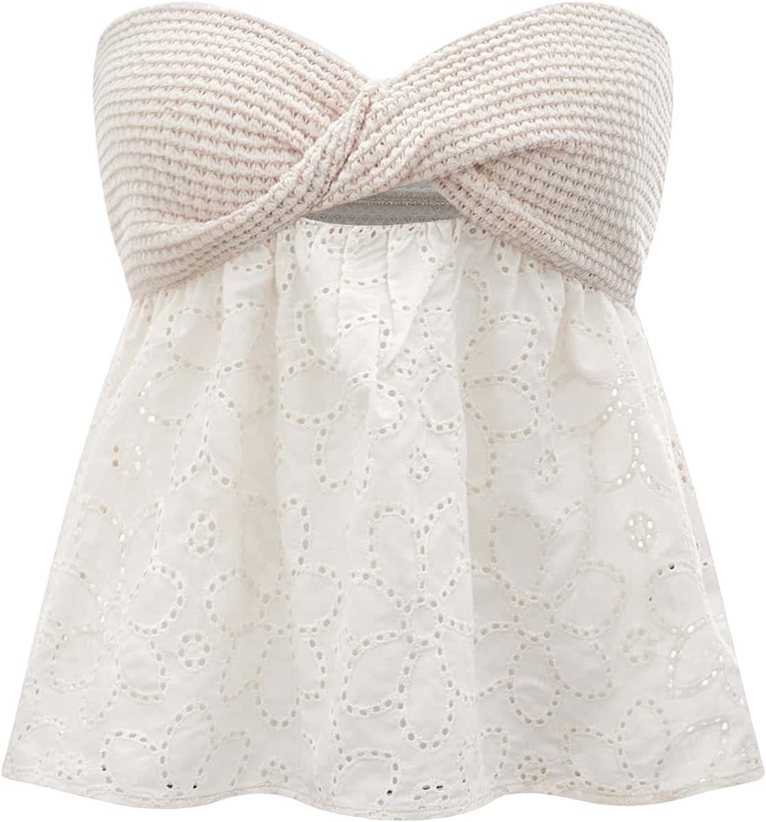 GORGLITTER Women's Flowy Tube Top Twist Front Cut Out Eyelet Strapless ...