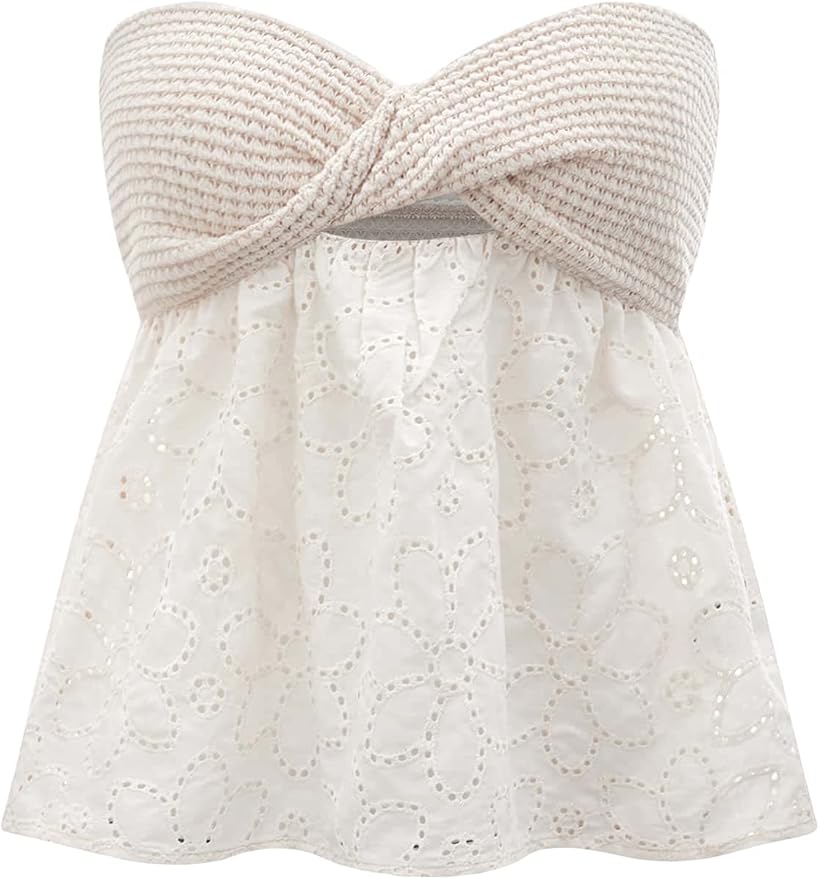 GORGLITTER Women's Strapless Twist Front Cut Out Tube Top Eyelet ...