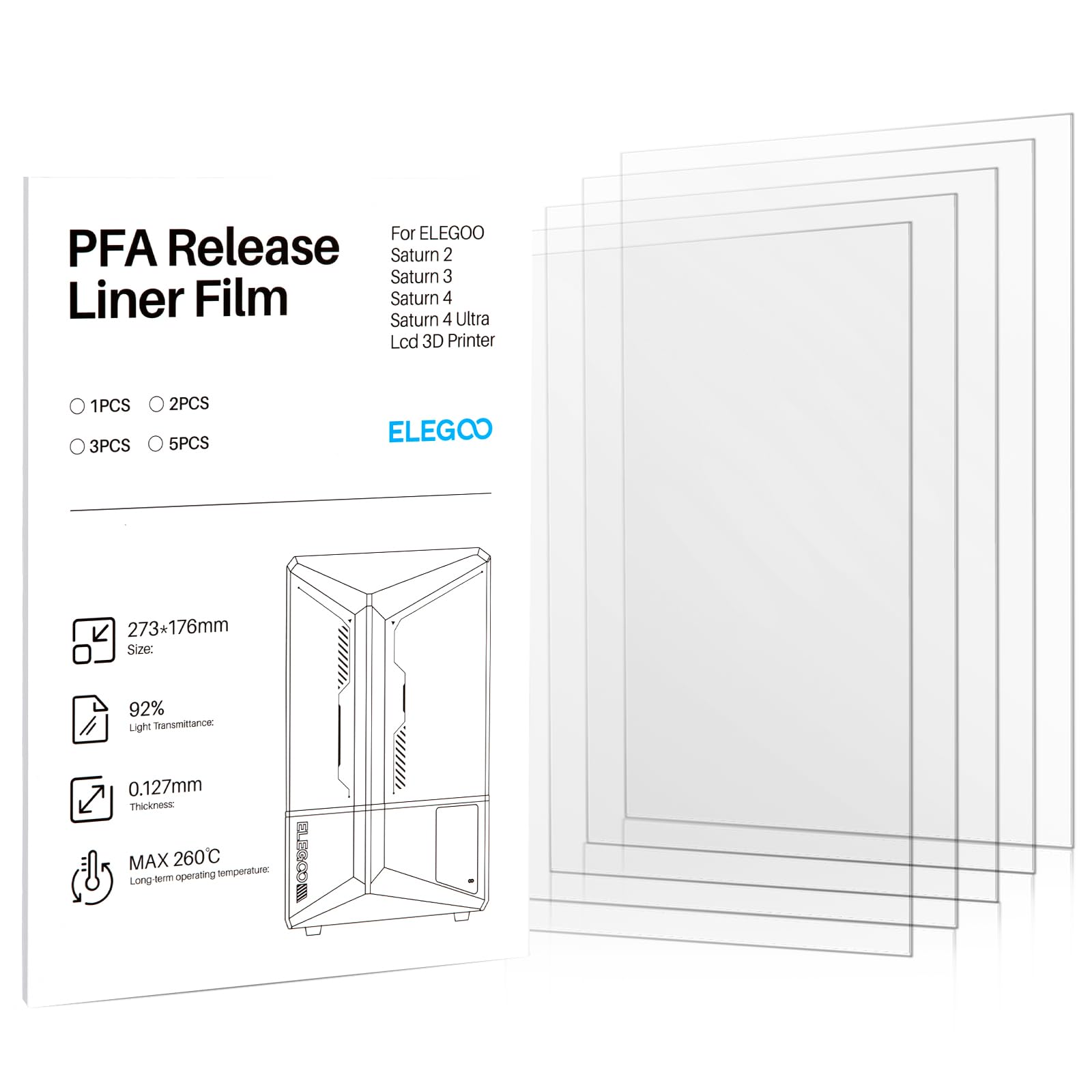 ELEGOO 5pcs Película FEP V2.0 PFA para Impresora 3D Resina Saturn 3, Saturn 2 y Saturn 8K LCD ...