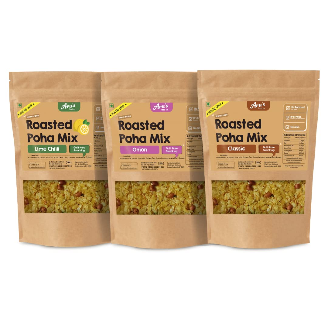 Aru's Premium Roasted Crispy Poha Mix | Lime chilli + Onion + Classic Flavour | Pack of 3 (200g ...