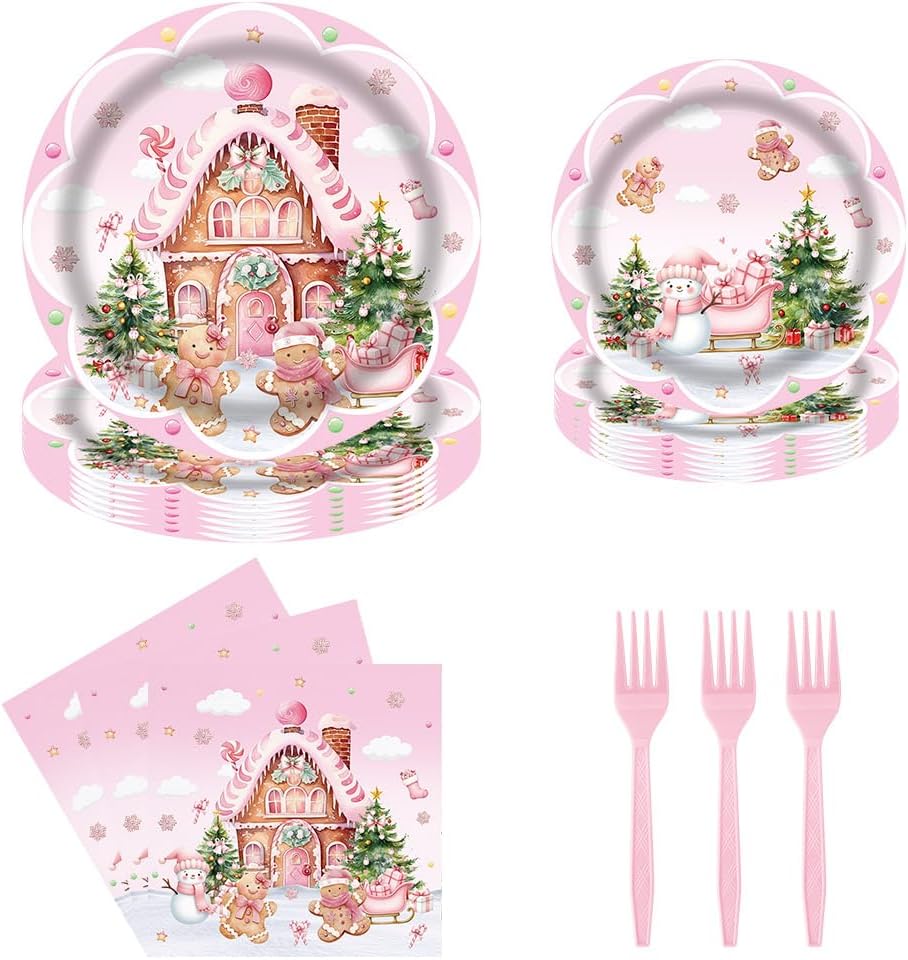 Amazon.com: Tcoyodw Christmas Pink Gingerbread House Tableware Set 96 ...