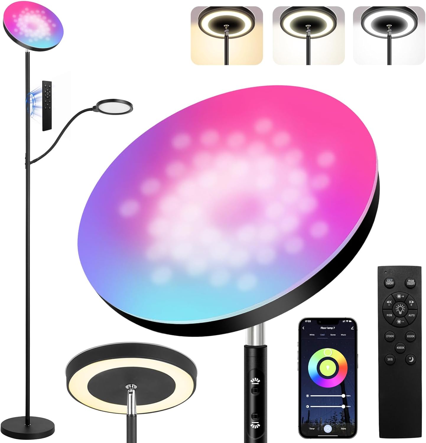 RGB Floor Lamp with Dimmable Reading Light, 36W/3000LM Bright Modern ...