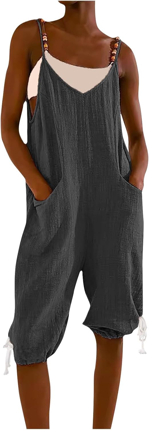 Amazon.com: Womens Linen Capri Overalls Spaghetti Straps V Neck Cinch ...