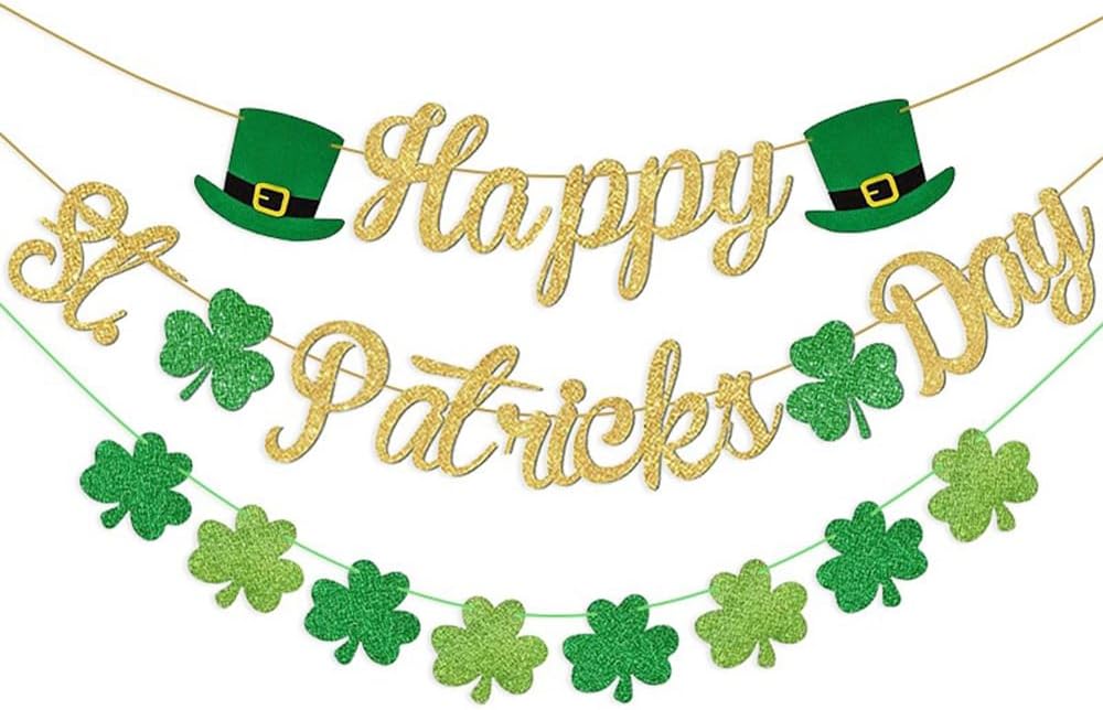 Amazon.com: Happy St Patricks Day Glitter Banner Irish Leprechaun Hat ...