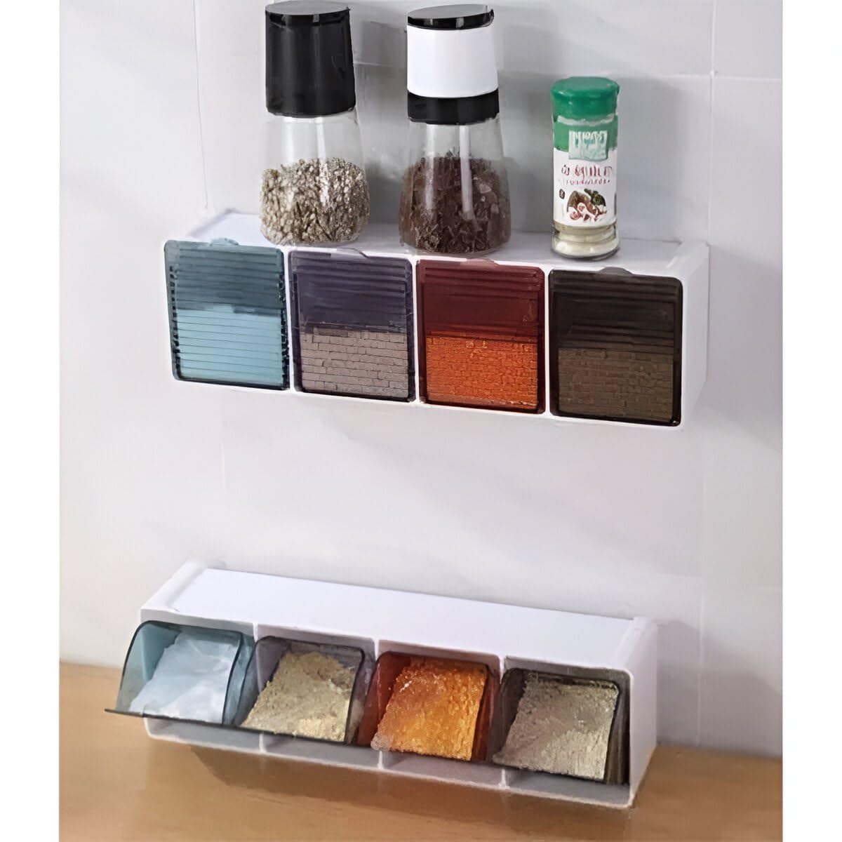TRADY Wall Mounted Kitchen Spice Rack Organizer with 4 Transparent ...