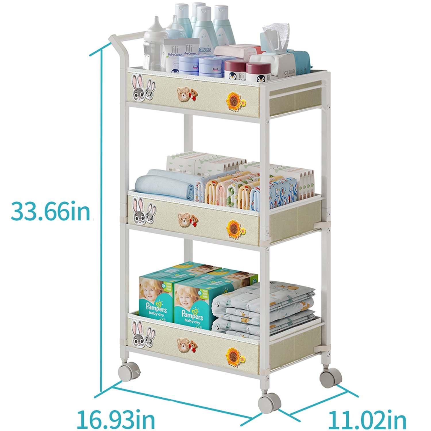 Snapklik.com : Baby Diaper Cart, 3-Tier Rolling Diaper Caddy For ...