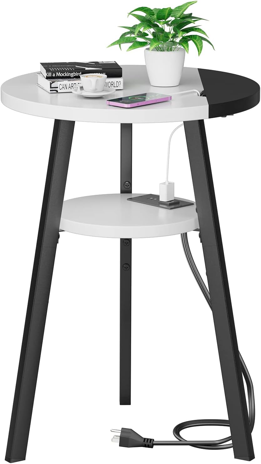 Amazon.com: HOSEOKA Round Side Table,Small End Table with Charging ...