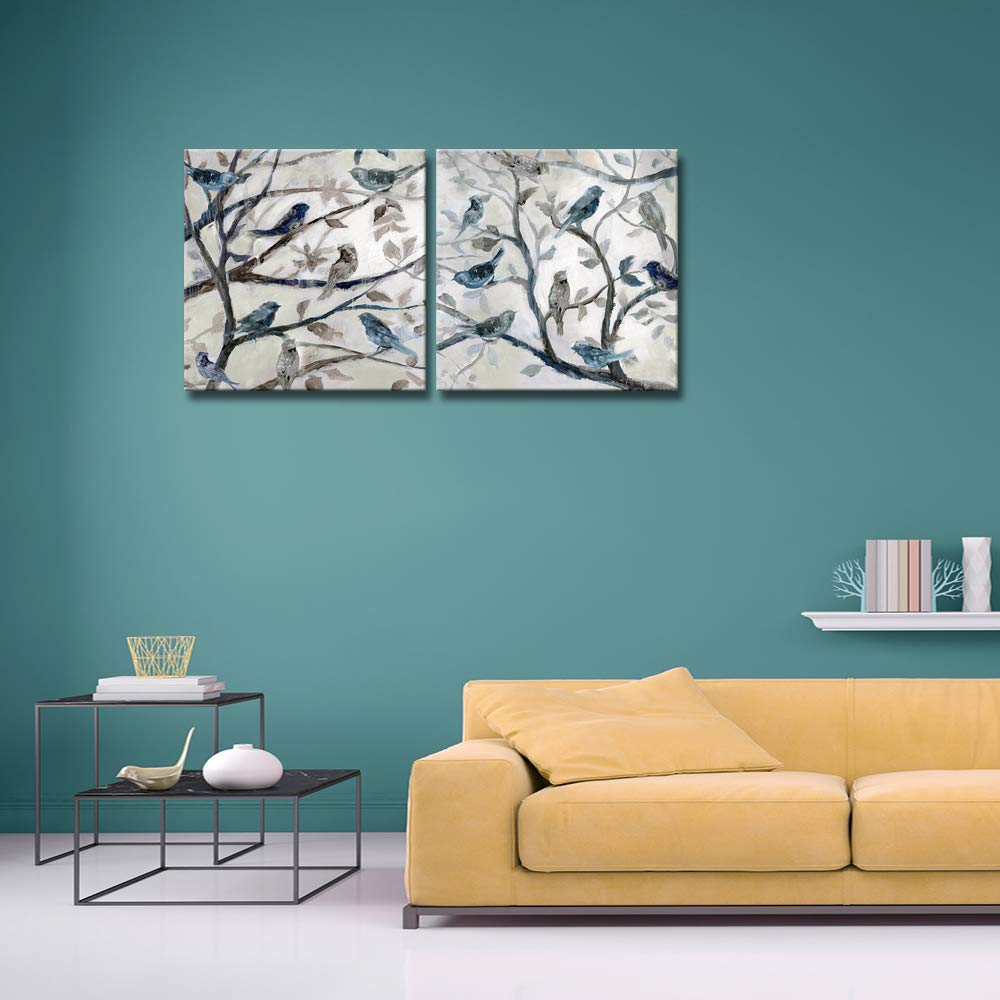 Derkymo 2 Piece Blue Birds on Tree Branch Wall Art Vintage Artwork ...