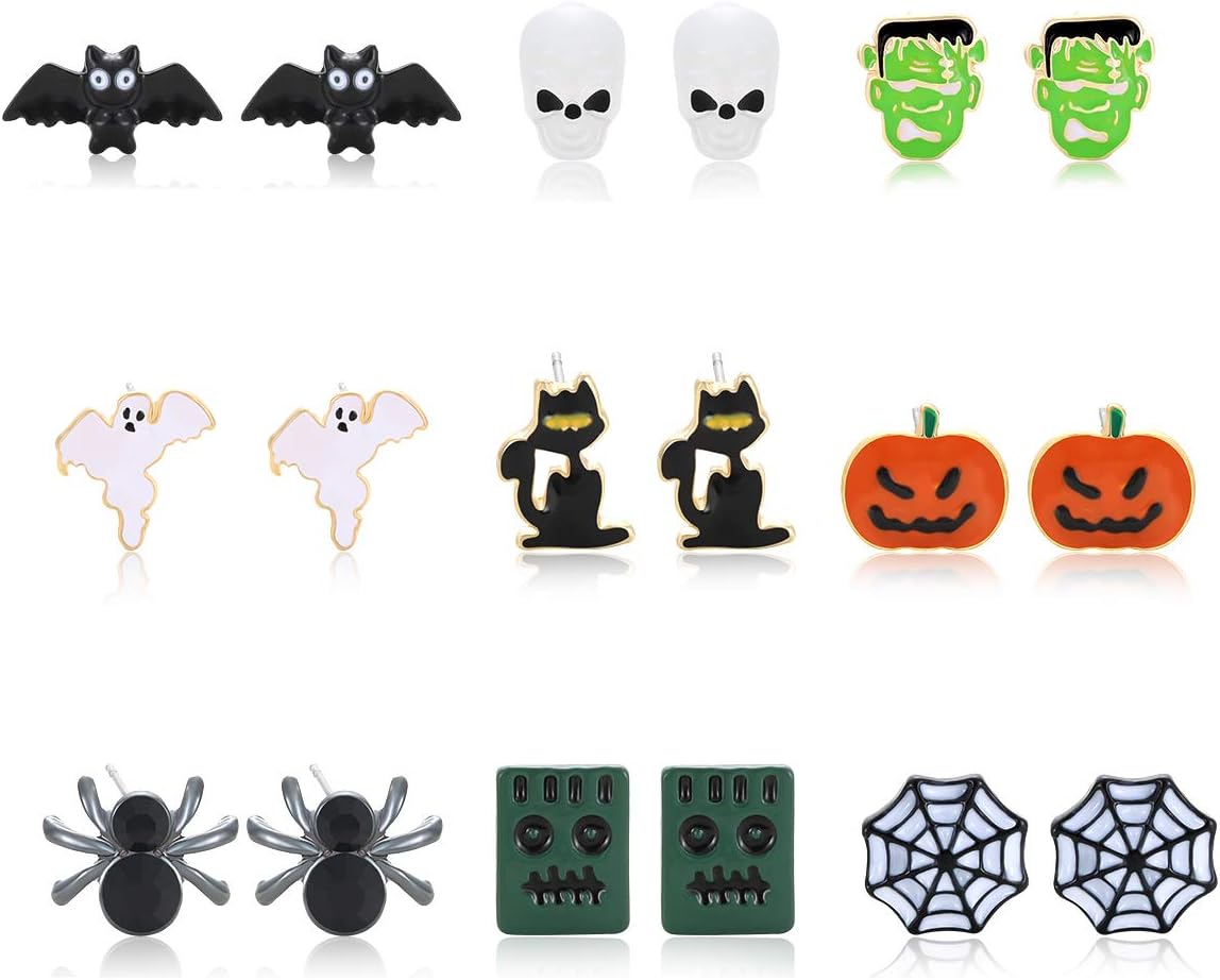Amazon.com: NLCAC Halloween Stud Earrings Set-Mixed Ghost Bat Black Cat ...