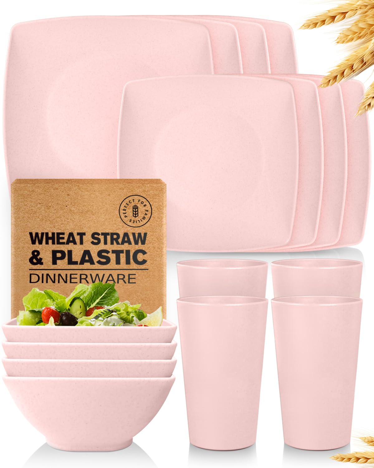 Amazon.com: Teivio 16-piece Plastic Wheat Straw Square Dinnerware Set ...