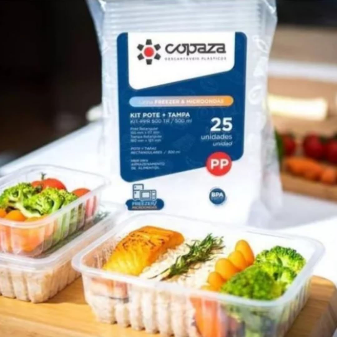 Kit de 25 potes e 25 tampas retangular p/freezer e microondas de 500 ml ...
