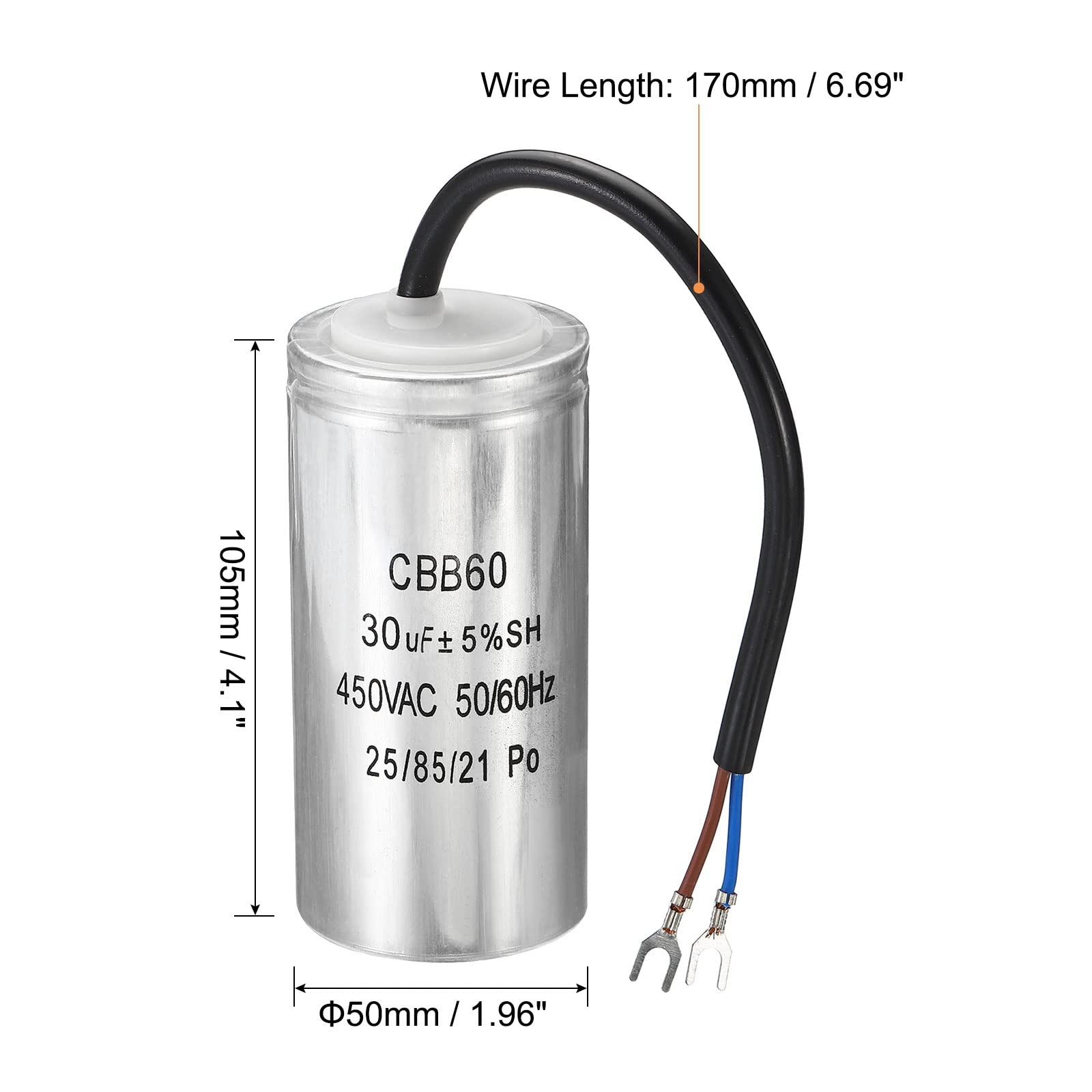 PATIKIL CBB60 30uF Running Capacitor AC 450V 2 Wires 50/60Hz Cylinder ...