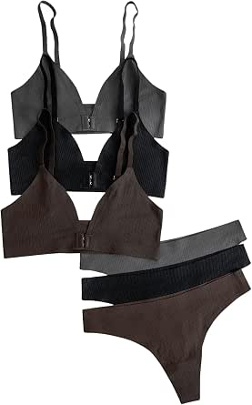 OYOANGLE Women's 3 Pack Front Closure Bras and Low Rise Thongs Set No ...